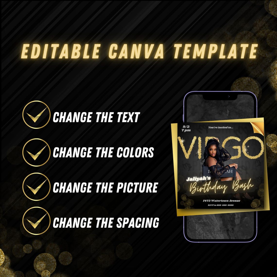 Virgo Birthday Bash Invitation | Editable Canva Template (digital ...