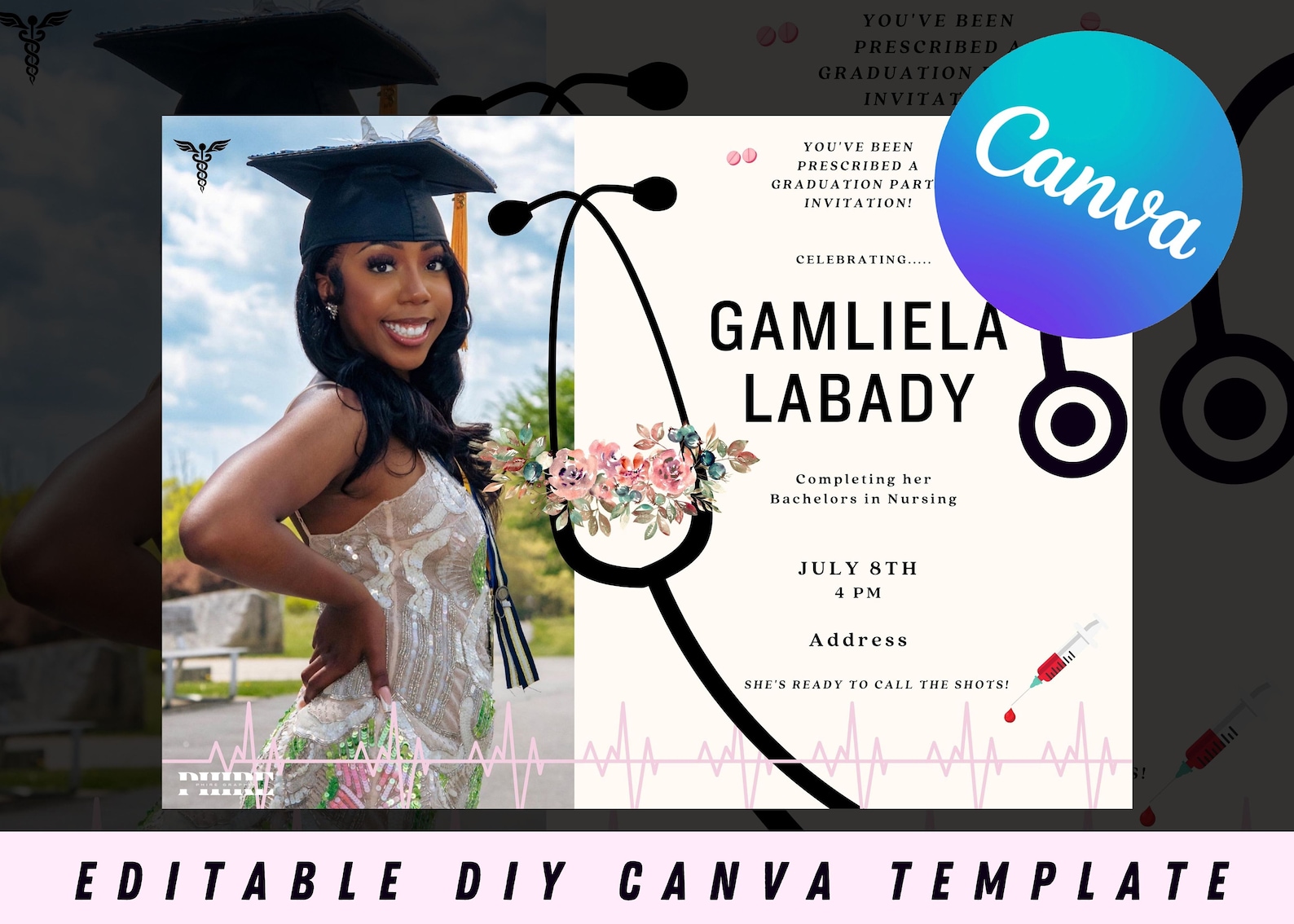 Nursing Graduation Party Invitation | Editable Canva Template (digital ...
