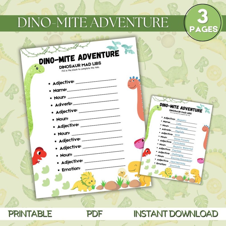 Dinosaur Madlibs | Printable Game | Jurassic Party Games | Kids Madlibs ...