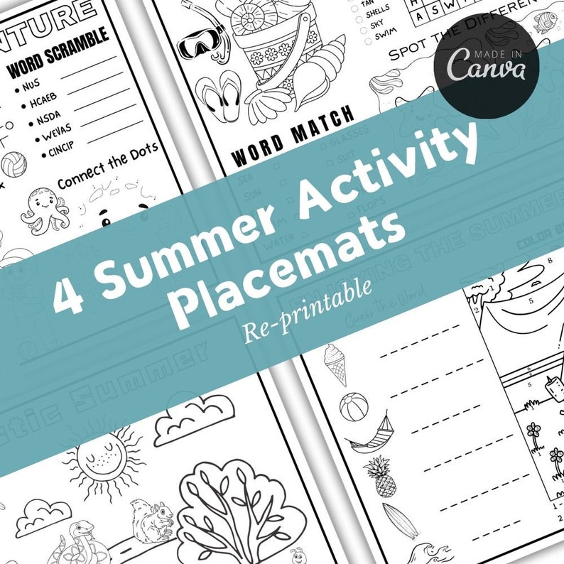 Summer Activity Placemats for Kids | Mealtime Activity Placemats | - Etsy