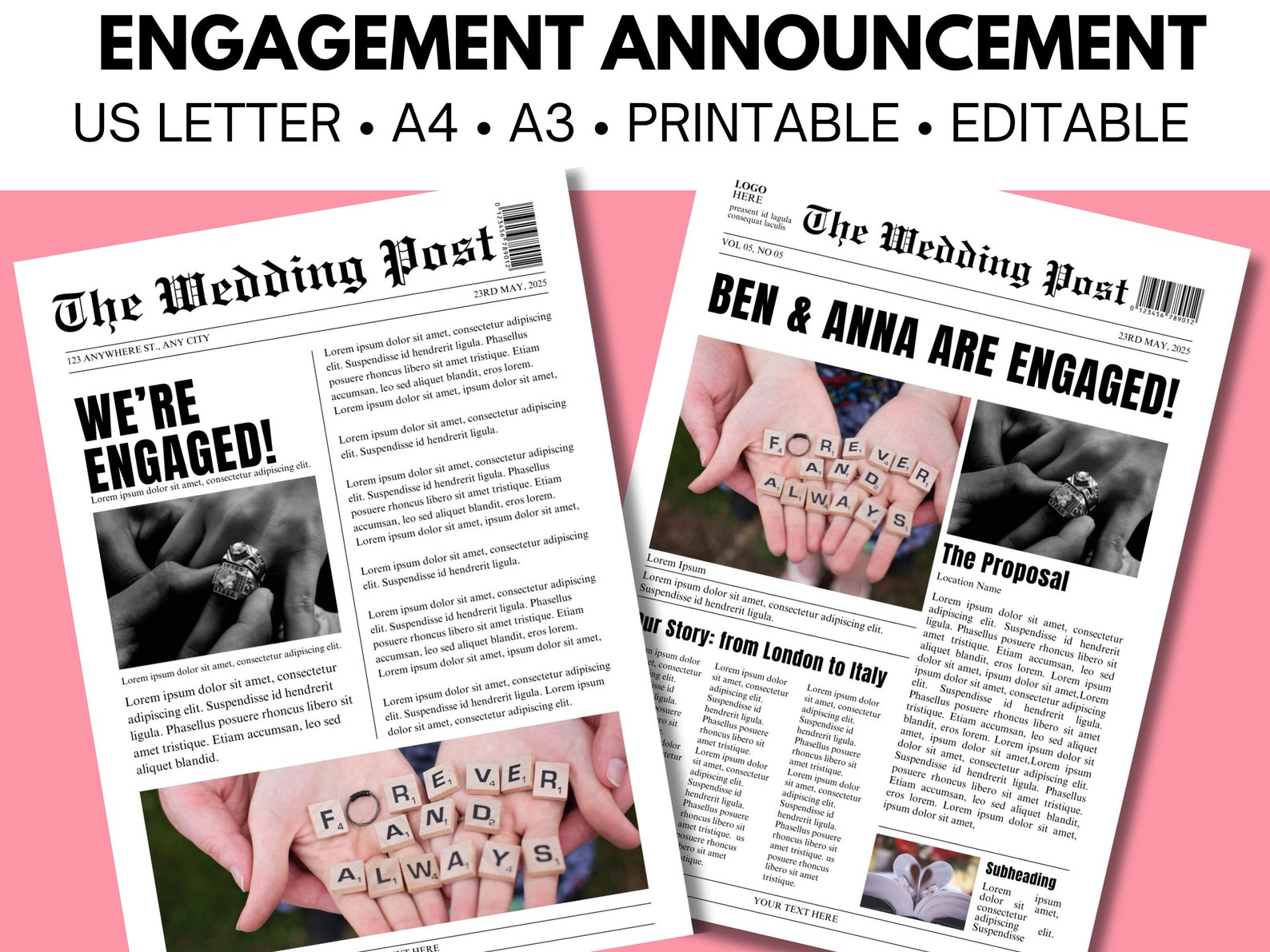 Engagement Announcement Editable Newspaper Template Engagement ...