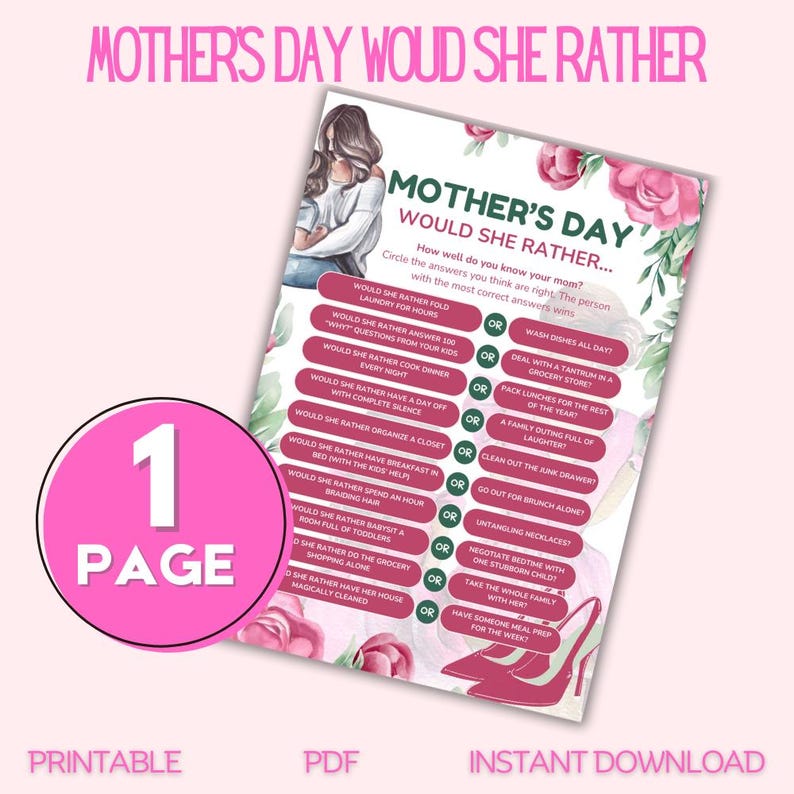 Mothers Day Would She Rather Game | Fun Printable Activity for Family ...
