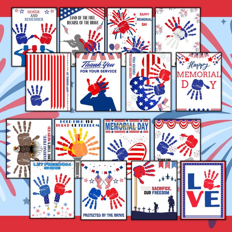 Memorial Day Handprint Art, Kids Craft Printable (16 Patriotic Designs ...