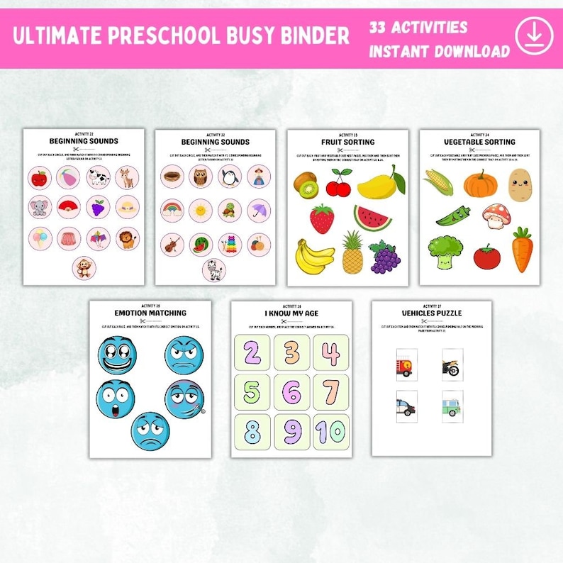 Preschool Activity Binder, Printable Learning Book (33 Pages of Fun ...