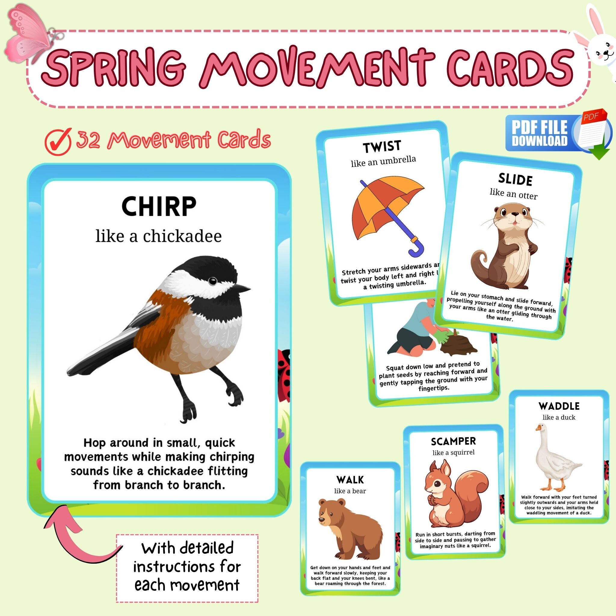 Spring Kids Movement Cards | Kids Brain Break | Movement Activity Cards ...