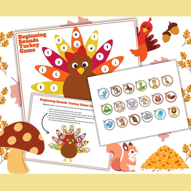 Turkey Sound Matching Game: Beginning Sounds - Printable Thanksgiving ...