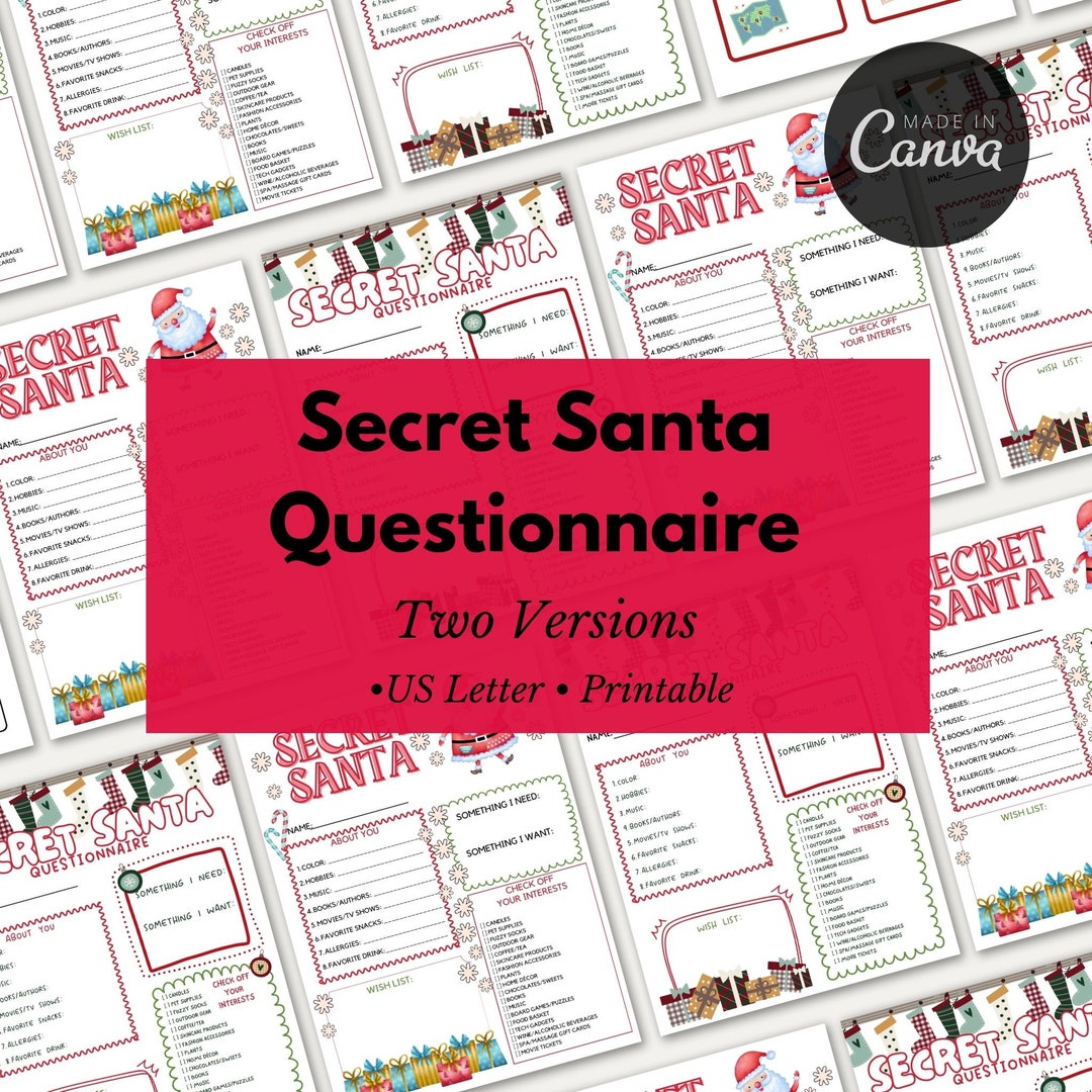 Secret Santa Questionnaire Printable Secret Santa Kris Kringle for Coworkers Printable Kris ...
