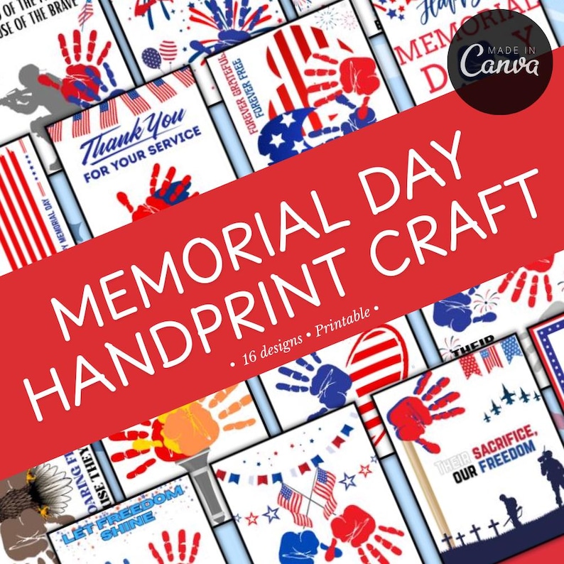 Memorial Day Handprint Art, Kids Craft Printable (16 Patriotic Designs ...