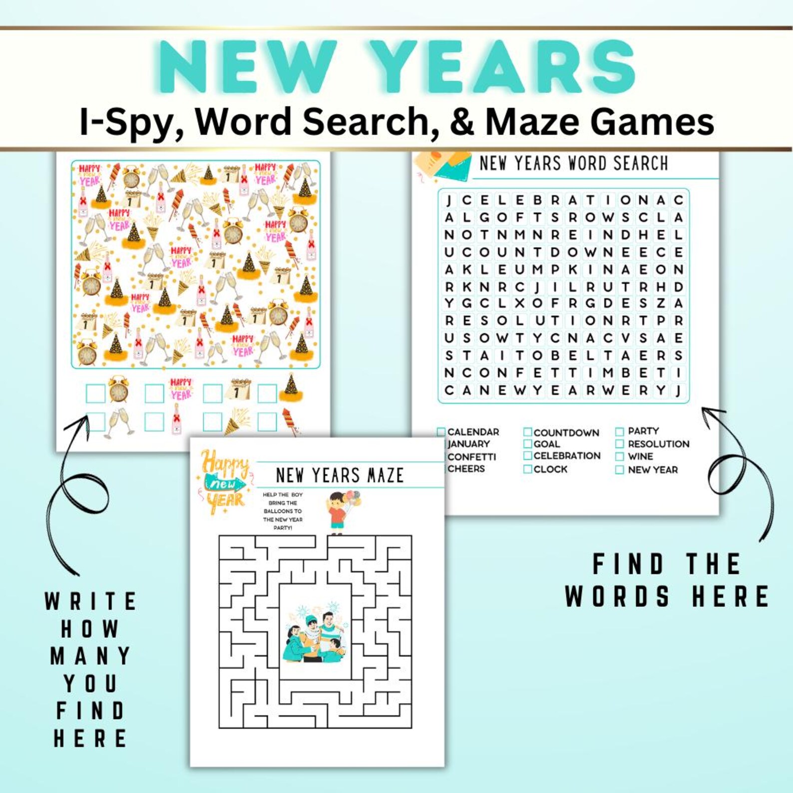 New Year Games Wordsearch | I Spy | New Years Maze | New Years Games ...