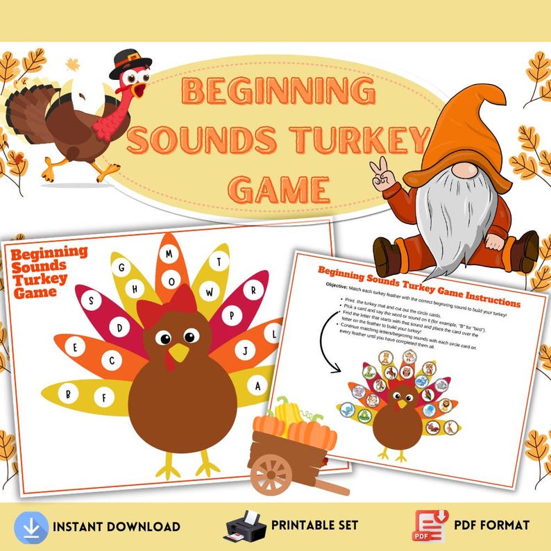 Turkey Sound Matching Game: Beginning Sounds - Printable Thanksgiving ...