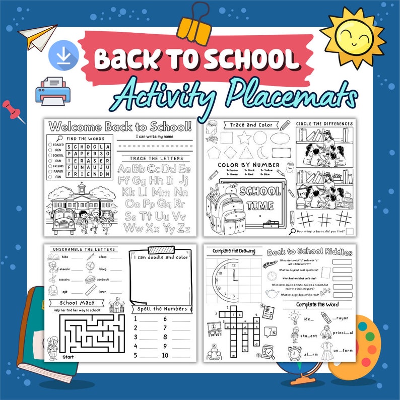 Back to School Activity | Back to School Placemats | Kids Placemat ...