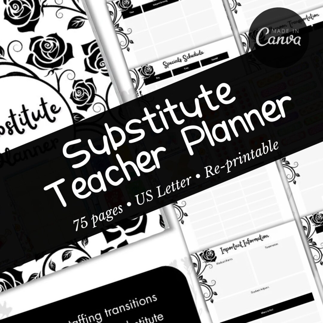 Black & White Substitute Teacher Planner | Substitute Binder | Teacher ...