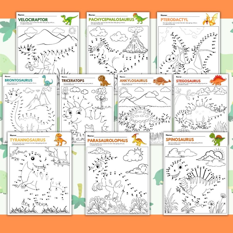 Dinosaur Dot-to-dot Printables, Coloring Pages (10 Dinosaurs Included ...