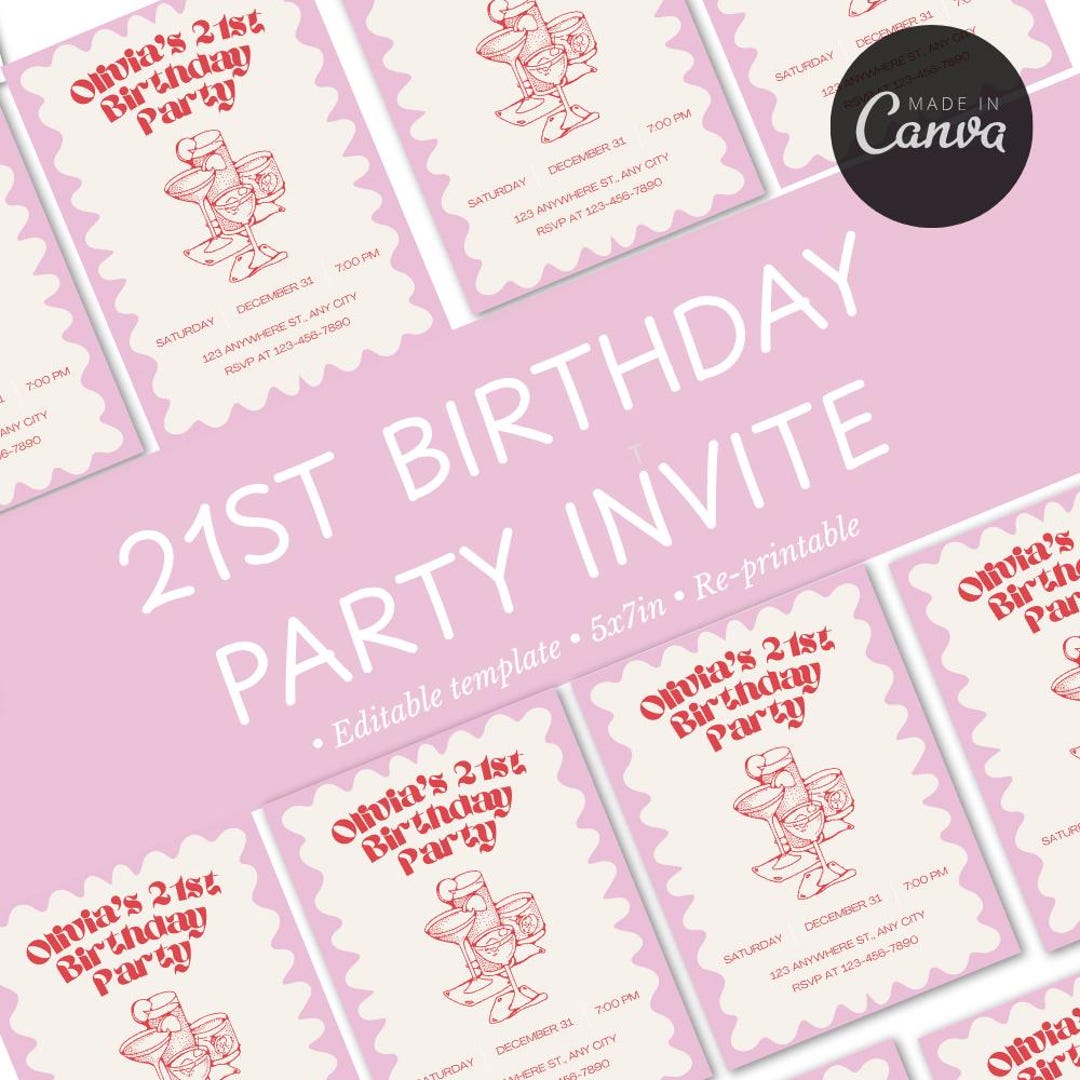 Modern 21st Birthday Invite: Bold Fonts, Fresh Pink Palette - Etsy