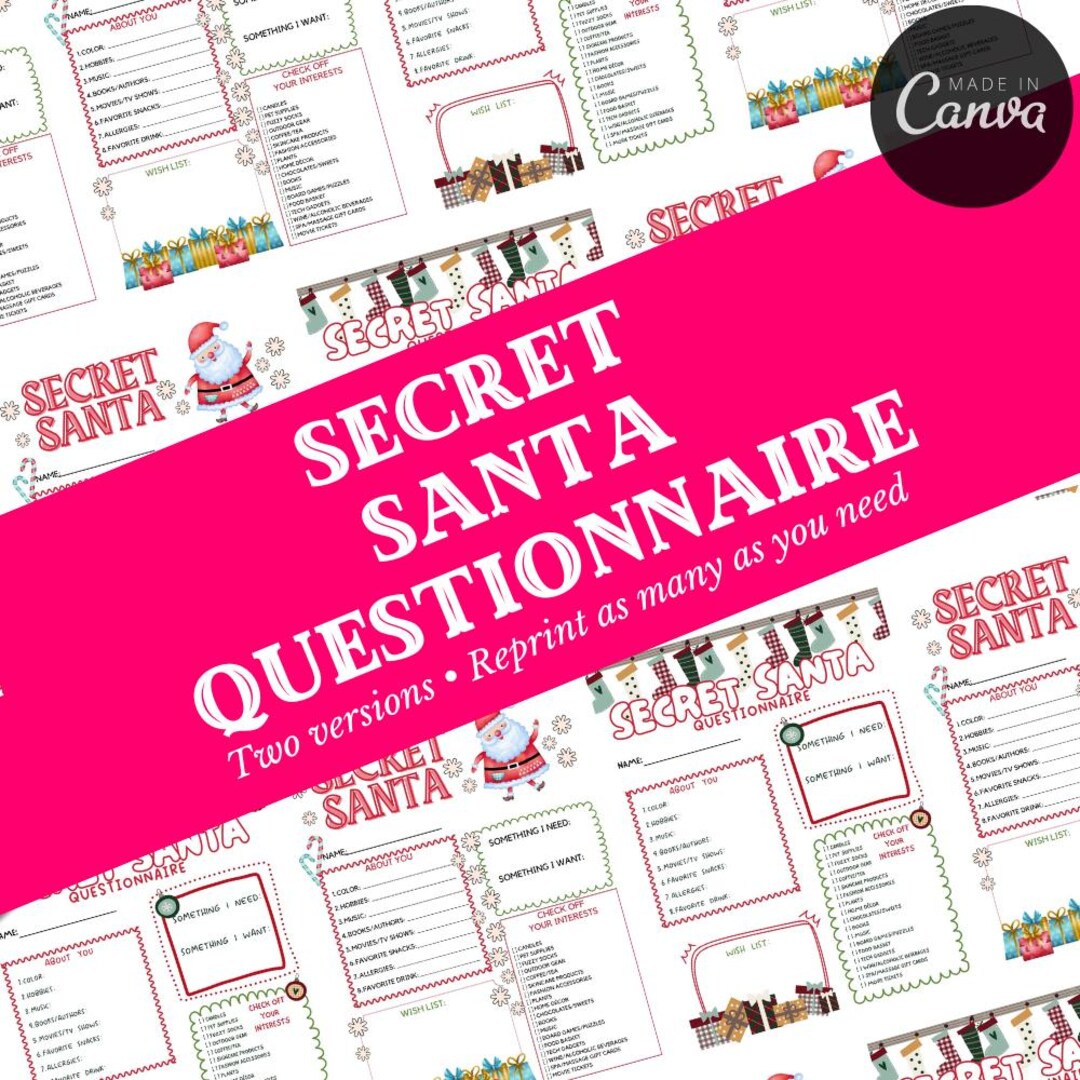Secret Santa Questionnaire | Printable Secret Santa | Kris Kringle for Coworkers | Printable ...