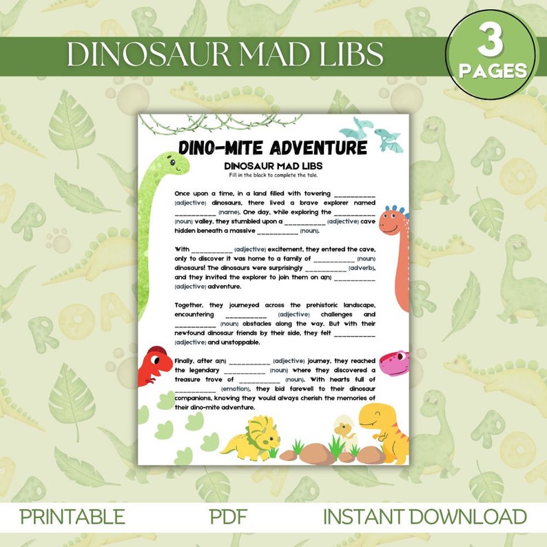 Dinosaur Madlibs | Printable Game | Jurassic Party Games | Kids Madlibs ...