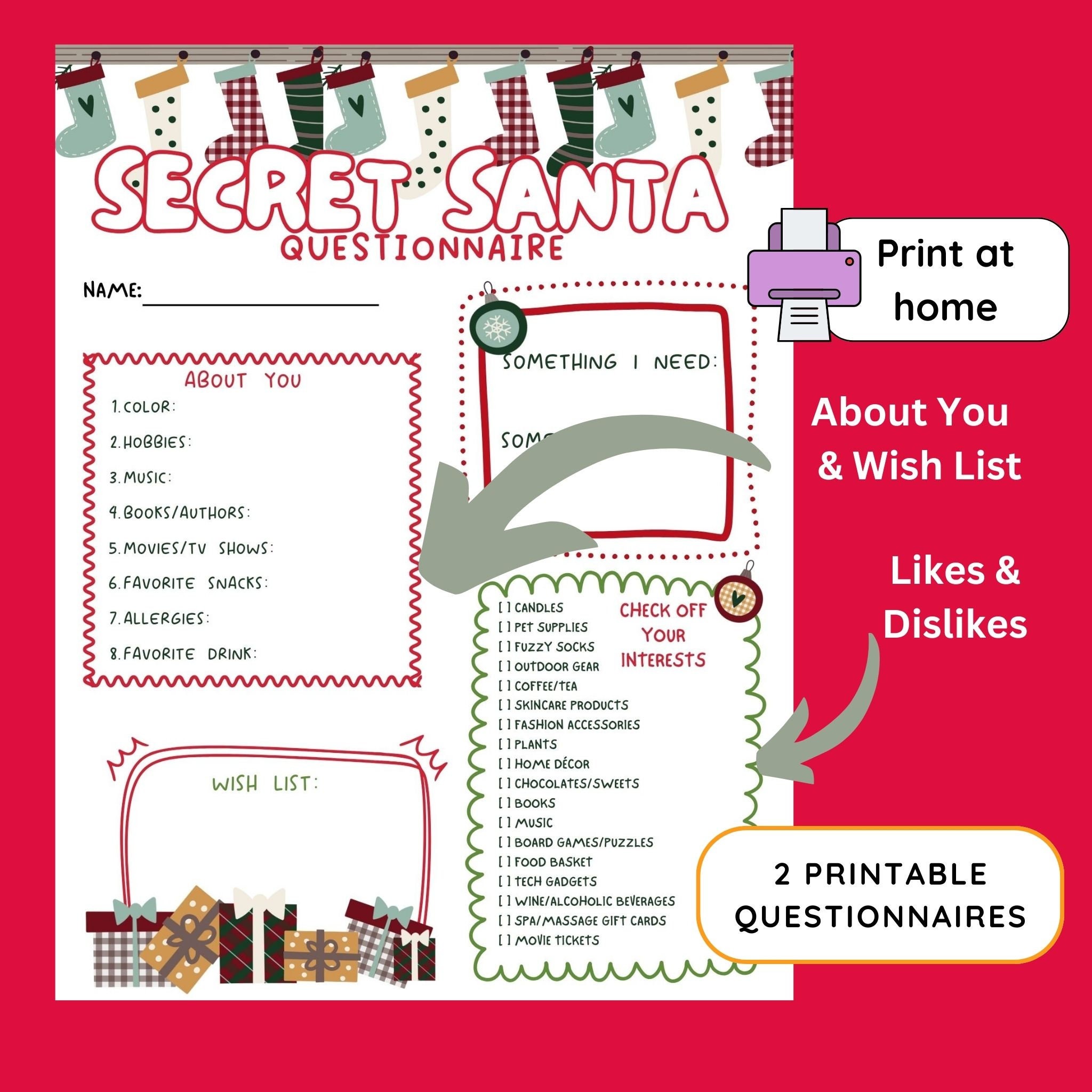 Secret Santa Questionnaire | Printable Secret Santa | Kris Kringle for Coworkers | Printable ...
