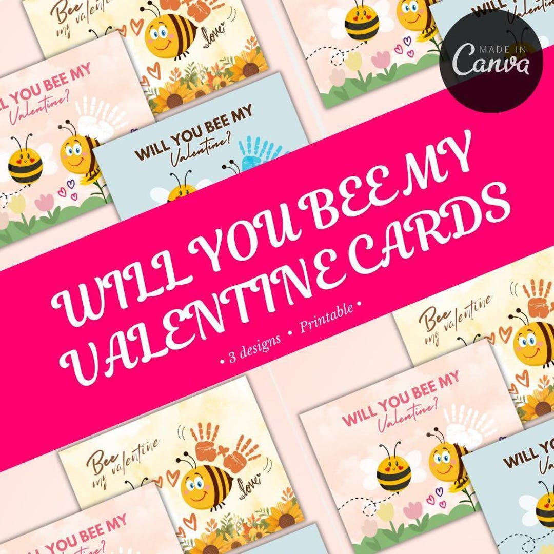 Valentine Handprint Craft, Kids Bee Cards (printable DIY Set of 3 ...