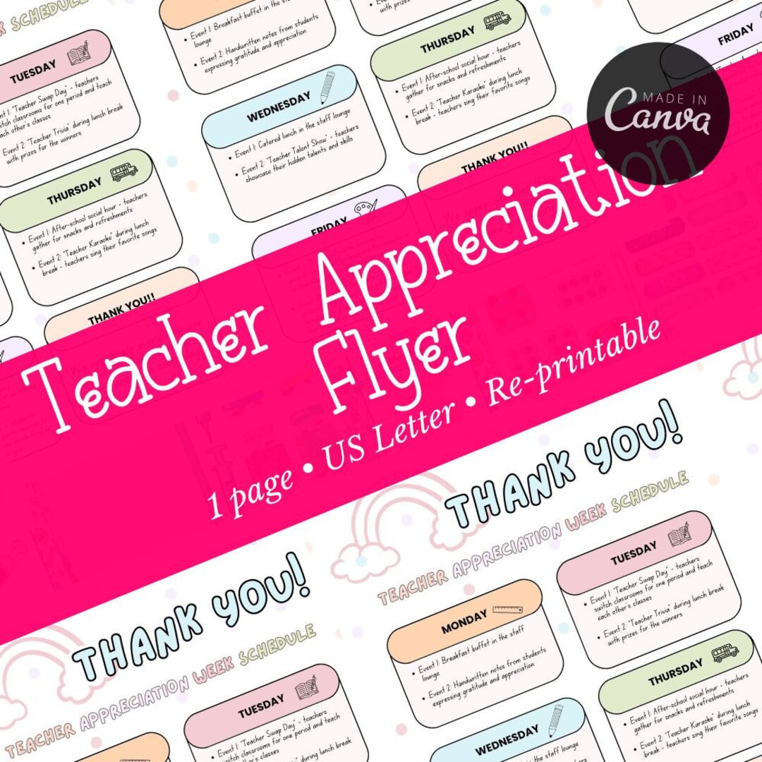 Teacher Appreciation Schedule | Appreciation Week Schedule Events ...