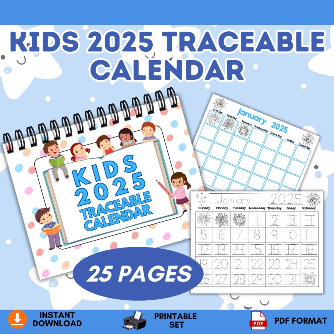 Traceable 2025 Kids Calendar, Monthly Fun & Writing Practice (printable ...