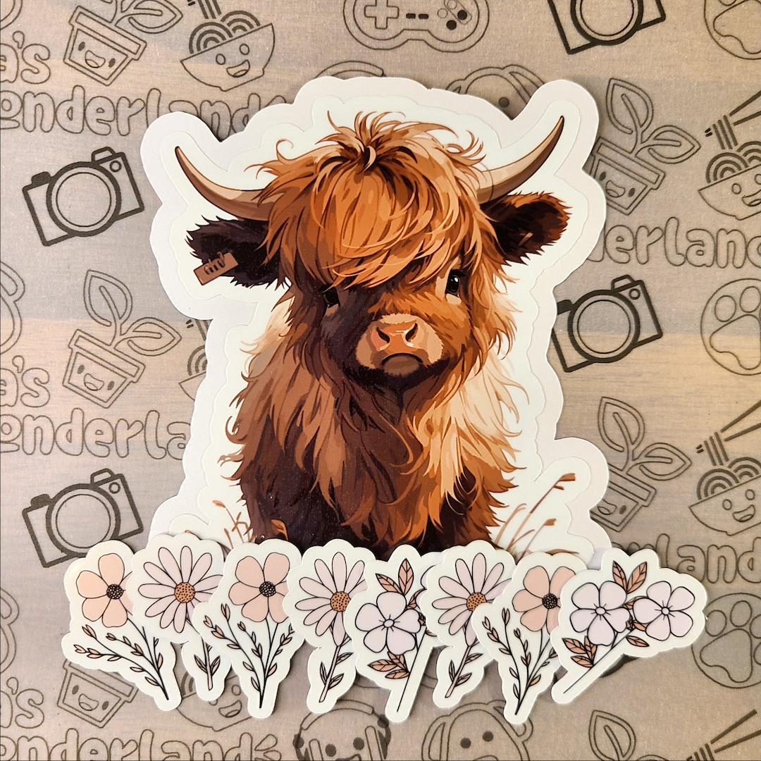 Highland Cow Sticker: Scottish Heifer With Flowers, Weatherproof Vinyl ...