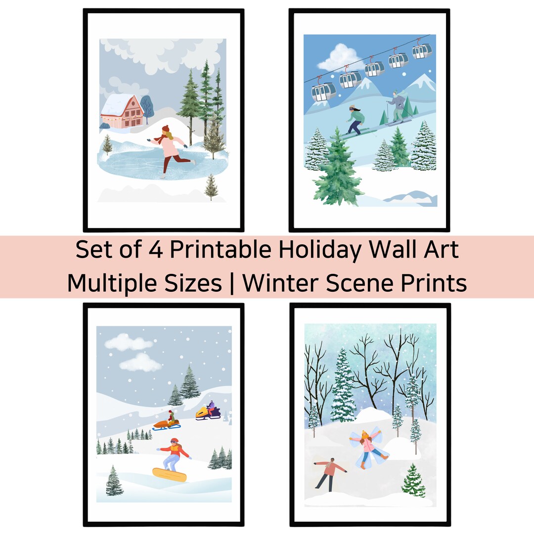Winter Scene Christmas Text Wall Art Set of 4 Printable - Etsy