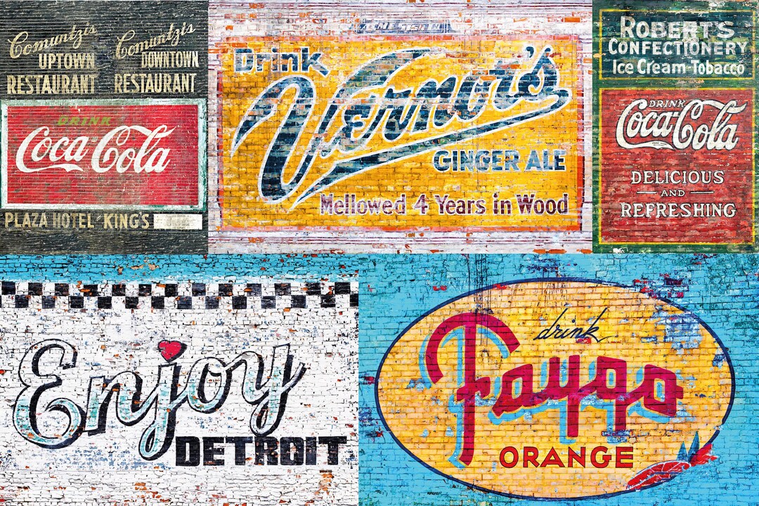 Brick Wall With Ghost Signs, Detroit, US, Wallpaper Stickers. More ...