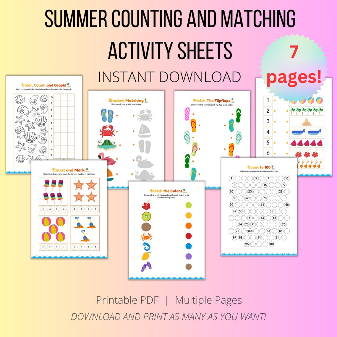 Printable Counting and Matching Activities, Summer Counting and ...