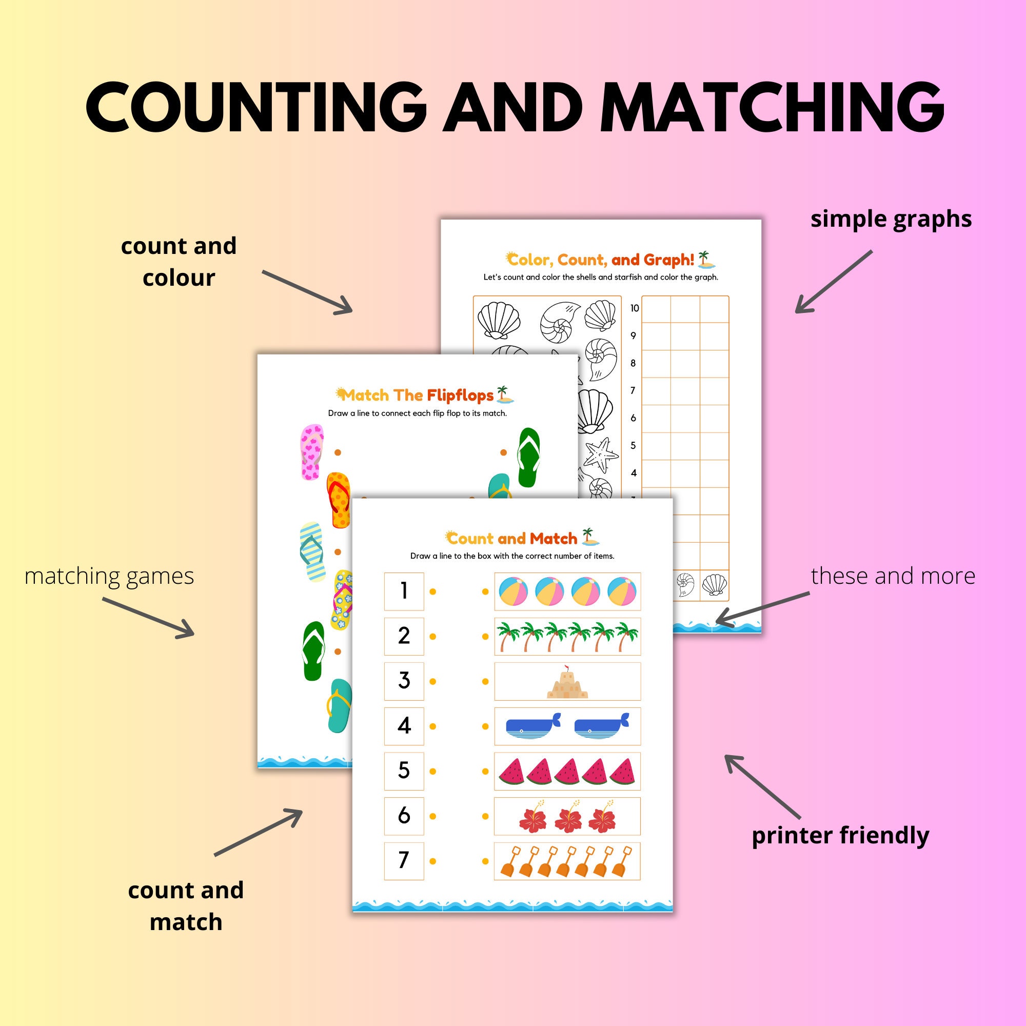 Printable Counting and Matching Activities, Summer Counting and ...