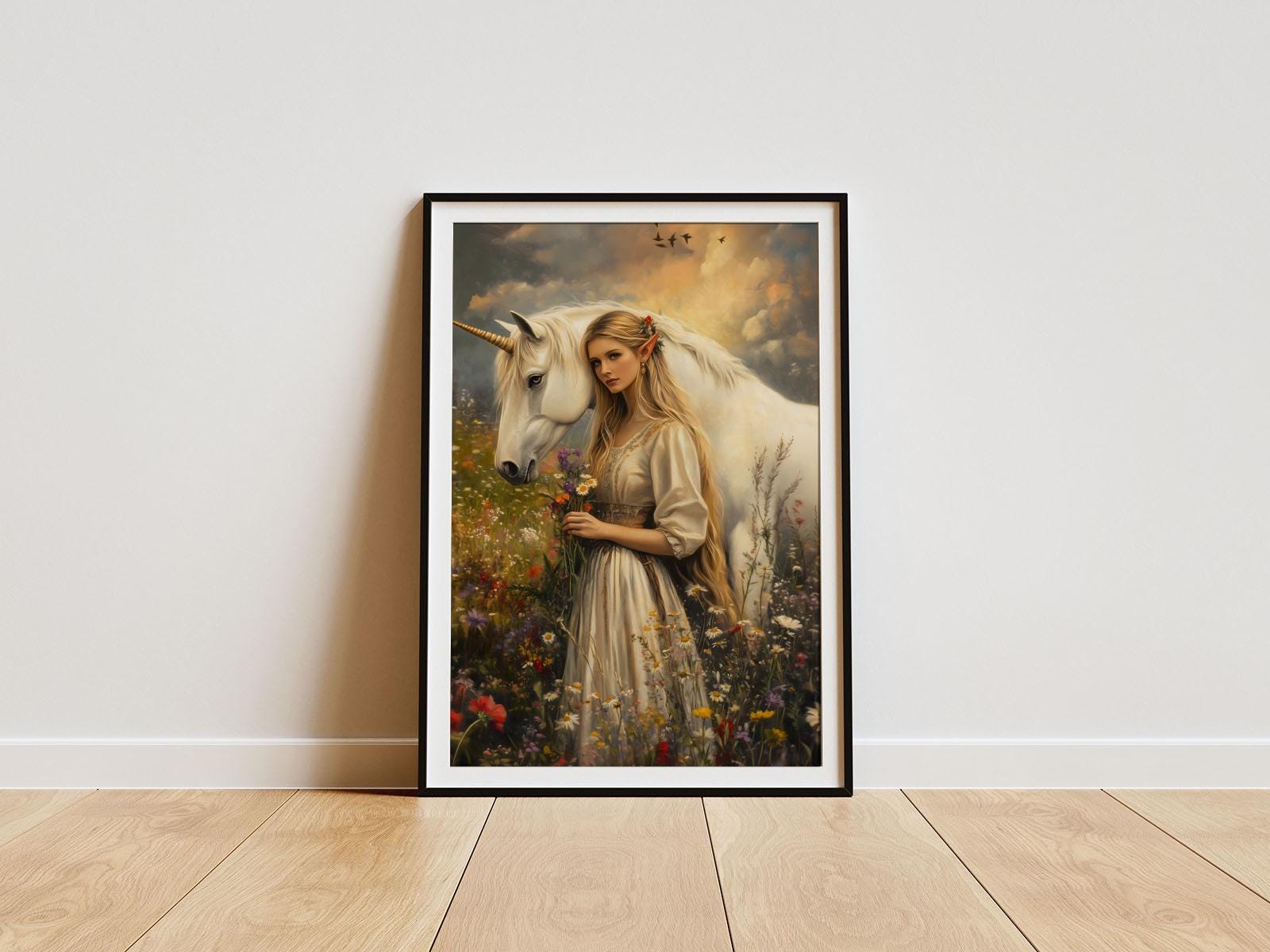 Elf and Unicorn Painting, Vintage Art Print Poster, Fantasy Wall Art ...