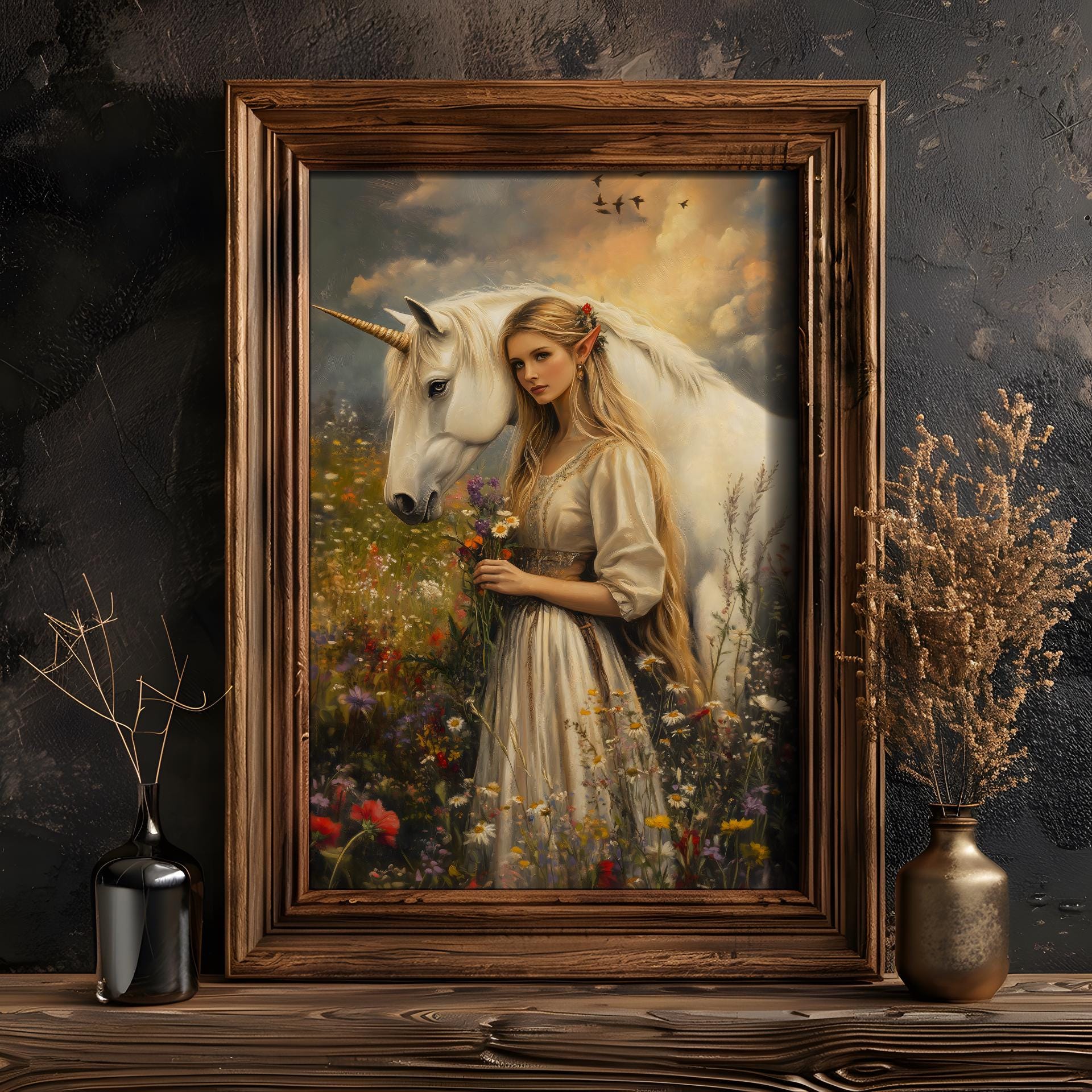 Elf and Unicorn Painting, Vintage Art Print Poster, Fantasy Wall Art ...