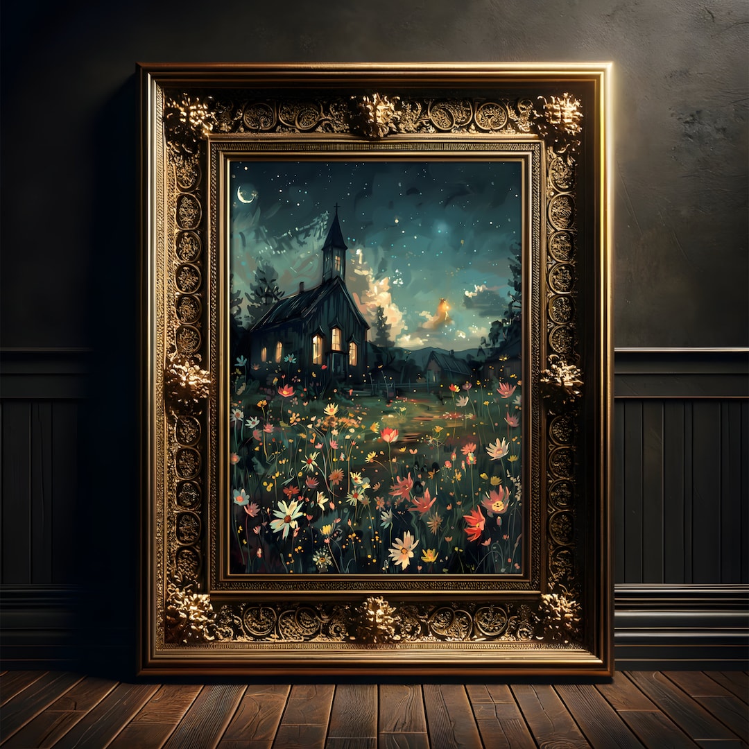 Folklore Church Under Stars Painting, Art Print Poster, Cottagecore ...