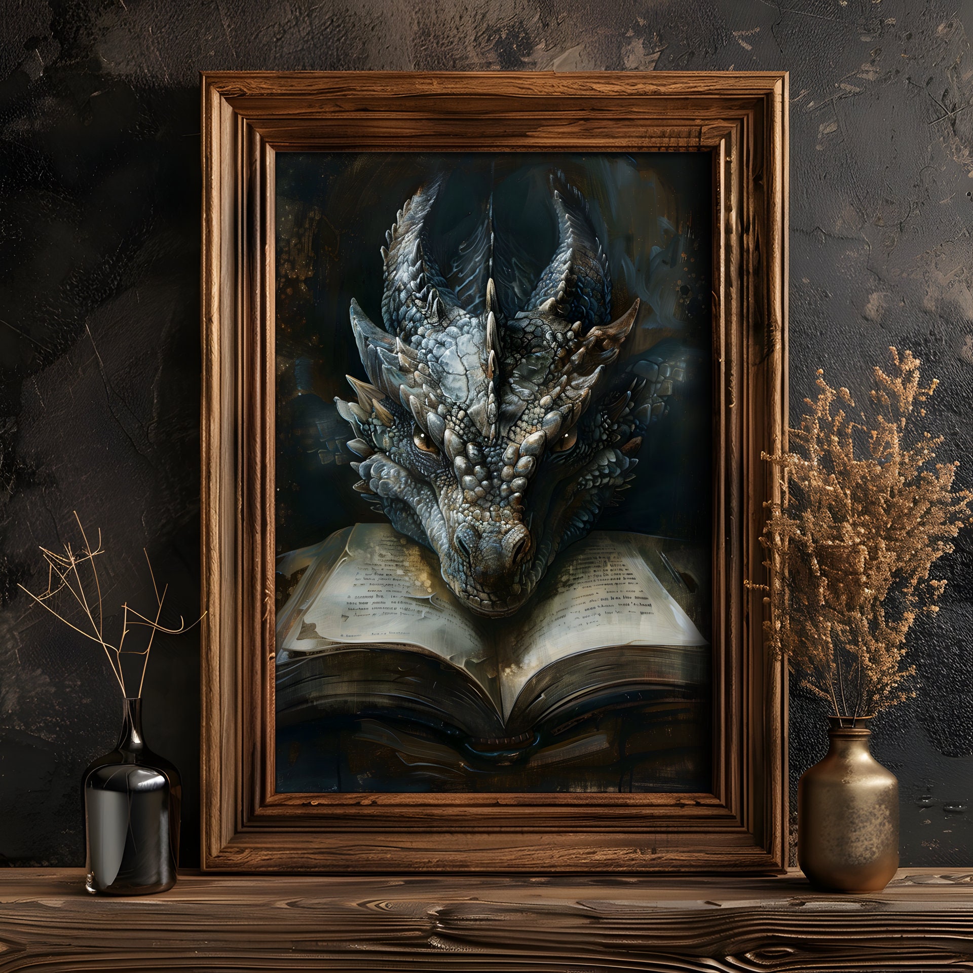 Large Book Dragon Painting, Art Print Poster, Gothic, Fantasy Wall ...