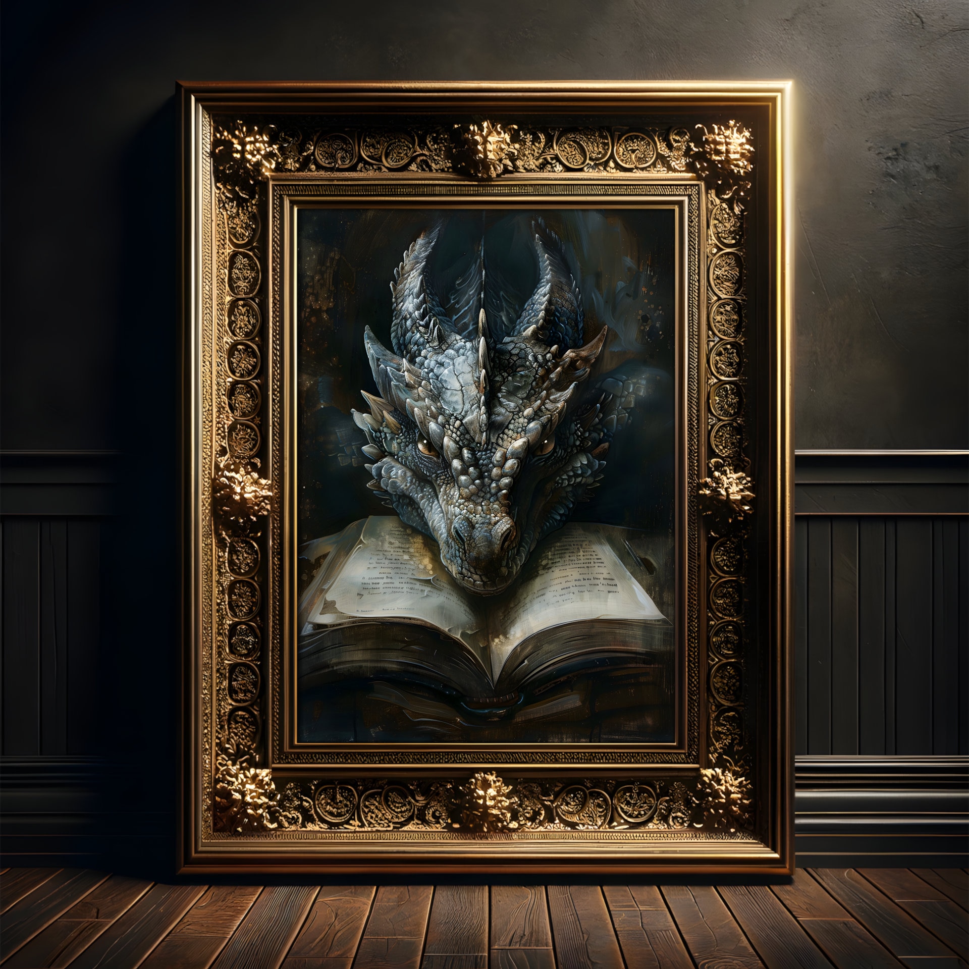 Large Book Dragon Painting, Art Print Poster, Gothic, Fantasy Wall ...