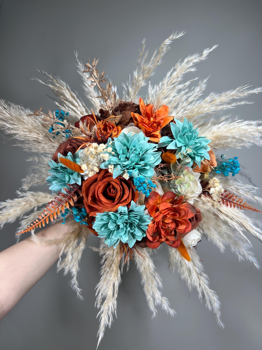 Teal Bouquet Orange Boho Wedding Bridal Terracotta Bridesmaids Bouquet Orange Turquoise Rust ...
