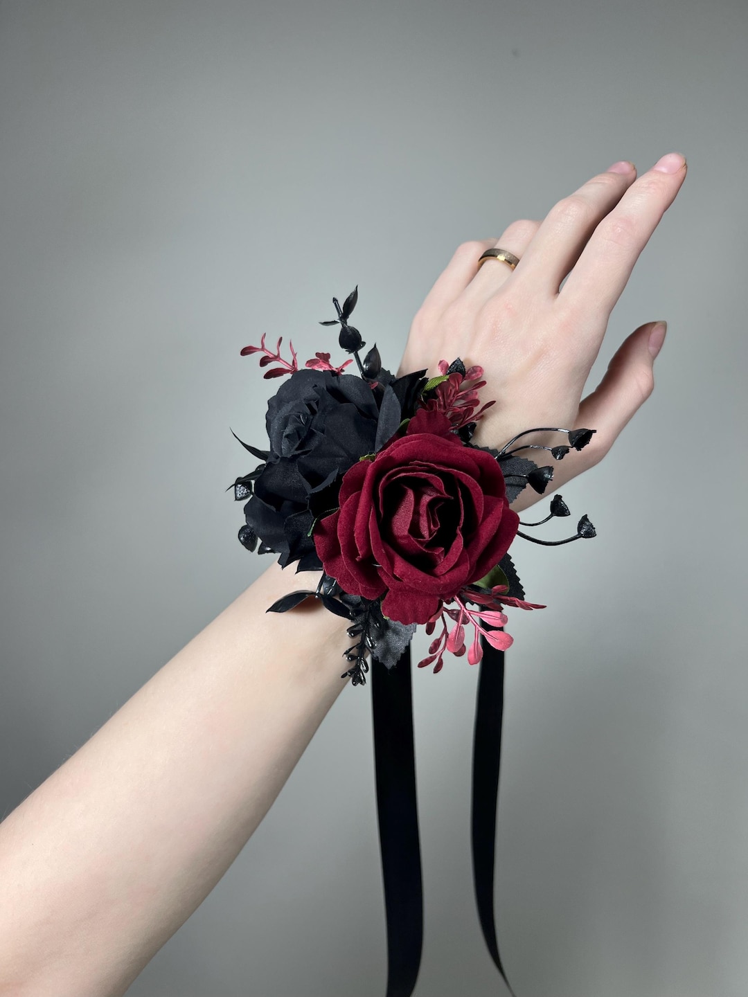 Black Burgundy Corsage Wedding Gothic Wrist Corsage Bridesmaids Black ...