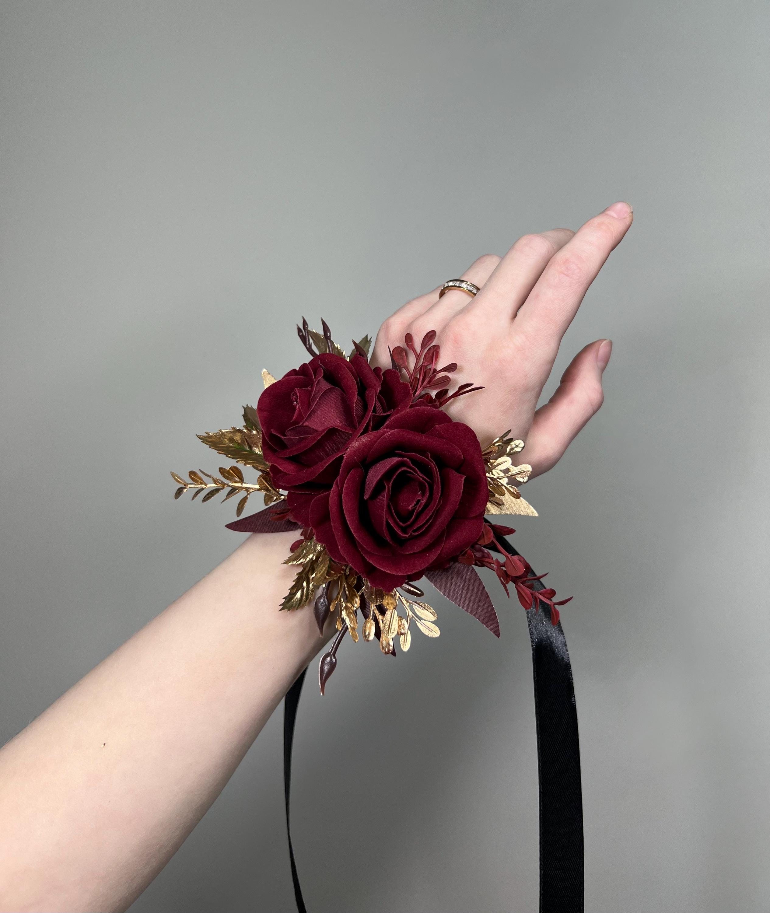 Burgundy Corsage Gold Wedding Maroon Wrist Corsage Bridesmaids Rustic ...