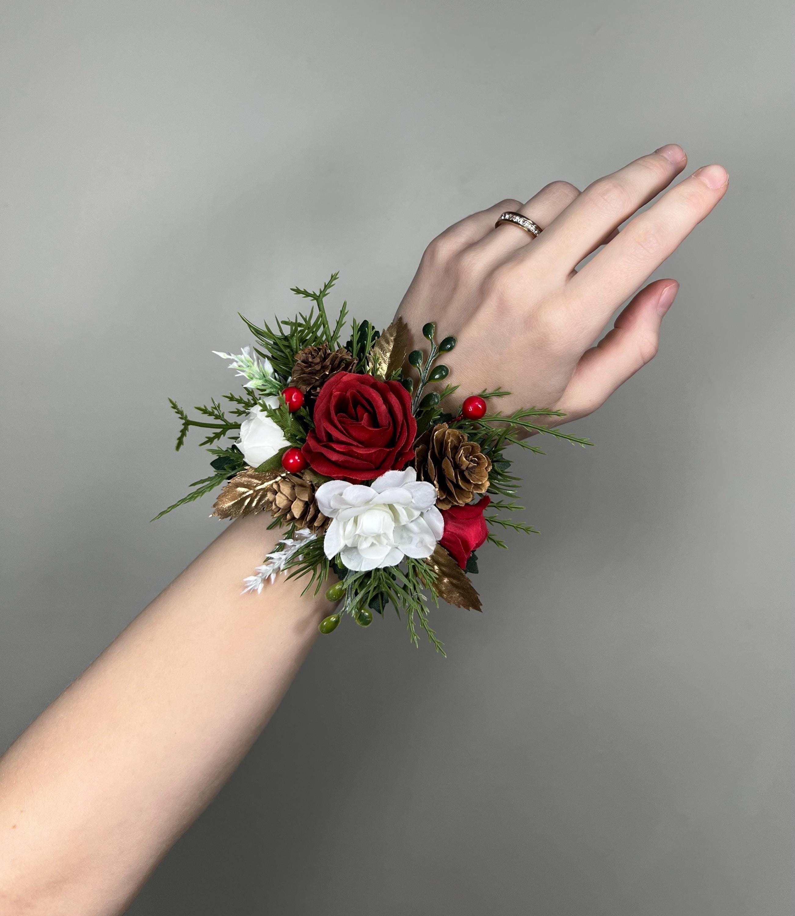 Christmas Corsage Wedding Red Wrist Corsage White Bridesmaids Rustic ...