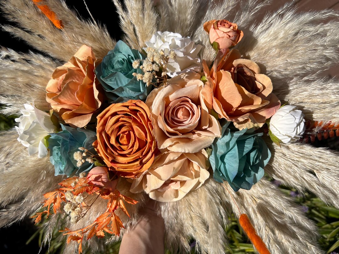 Orange Teal Arch Arrangement Wedding Decor Teal Terracotta Centerpiece ...