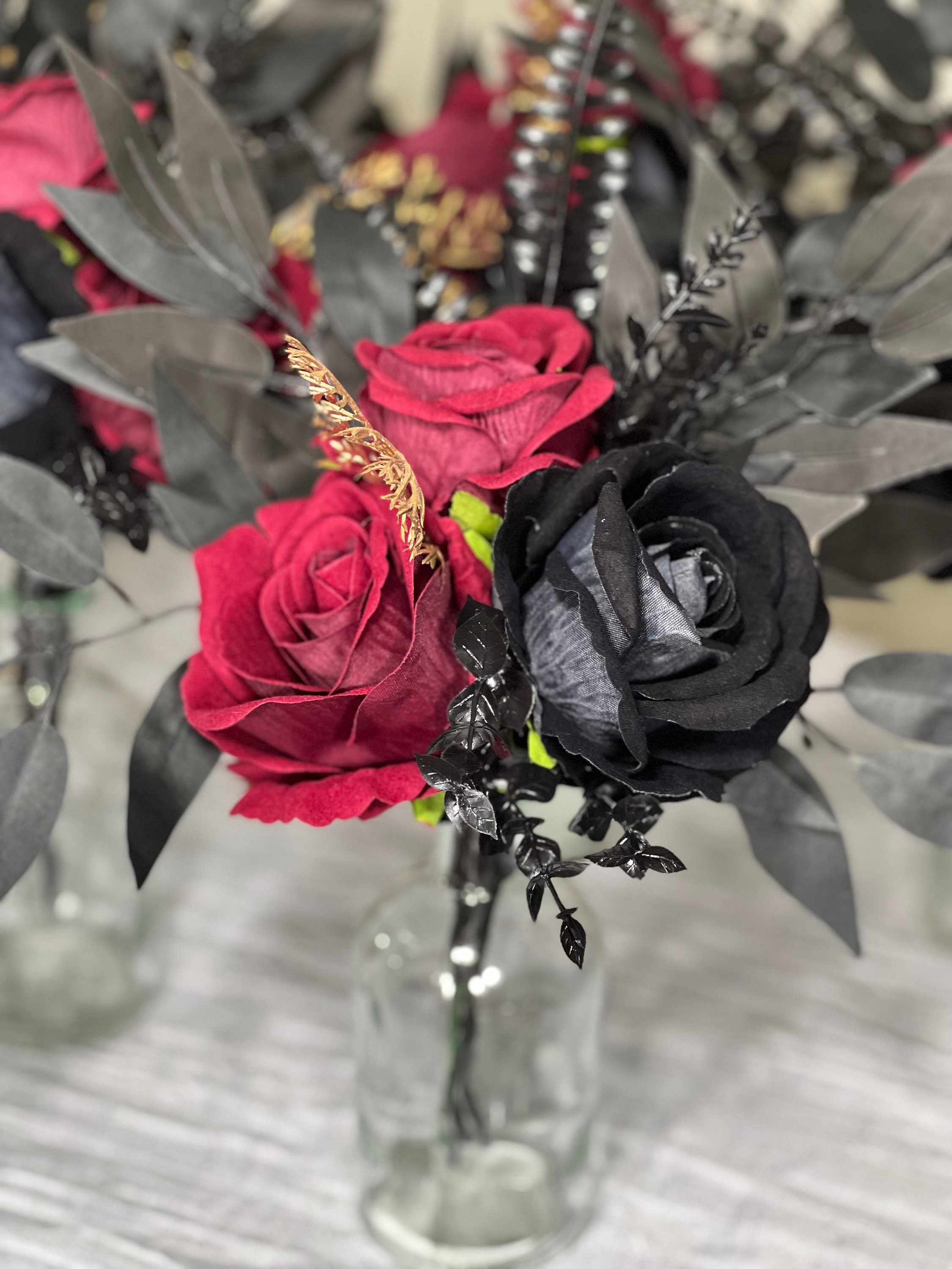 Black Centerpiece 3 Flowers Wedding Gothic Table Decor Burgundy Small ...