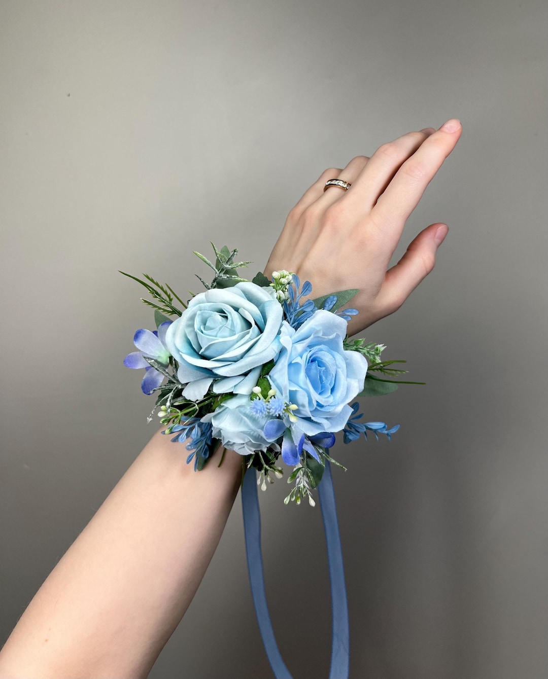 Light Blue Corsage, Wedding Blue Rose Wrist Corsage, Rustic Dusty Blue ...