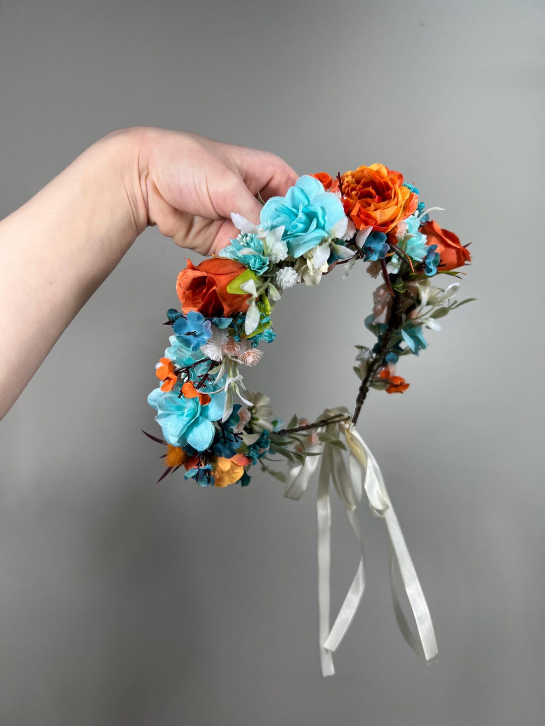 Teal Flower Crown Wedding Bridal Floral Headband Teal Burnt Orange ...