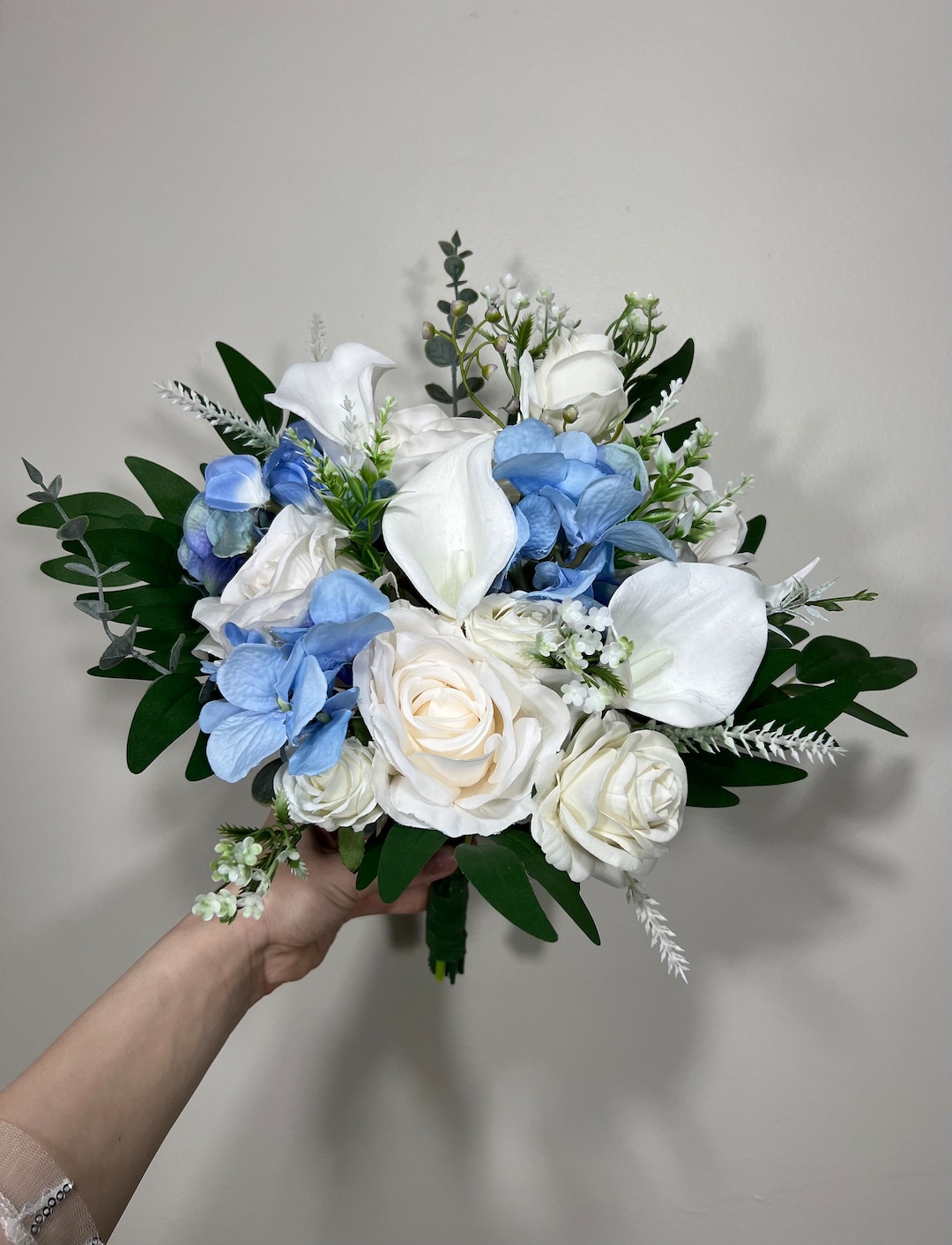 Wedding Bouquet White Hydrangea Calla Lilies Bridal Bouquet Blue ...