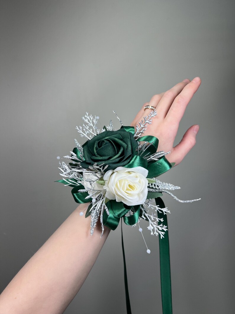 Emerald Green Corsage Wedding White Metallic Silver Hunter Green Dark ...