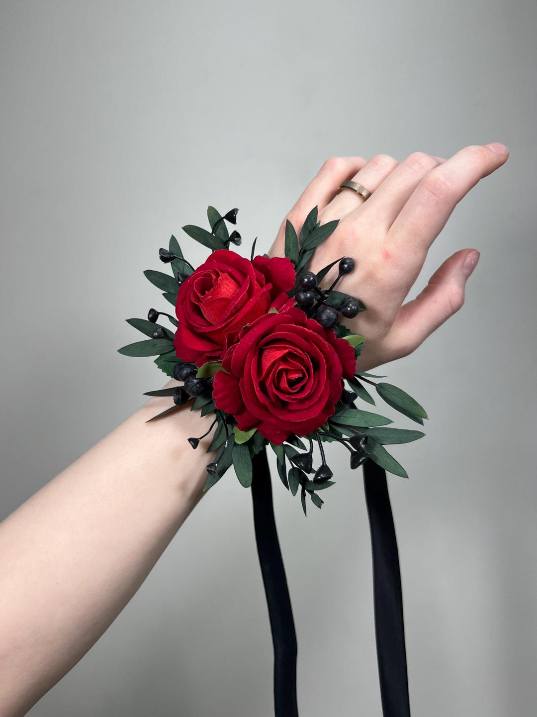 Red Corsage Wedding Wrist Corsage Dark Red Eucalyptus Bridesmaids Dark ...