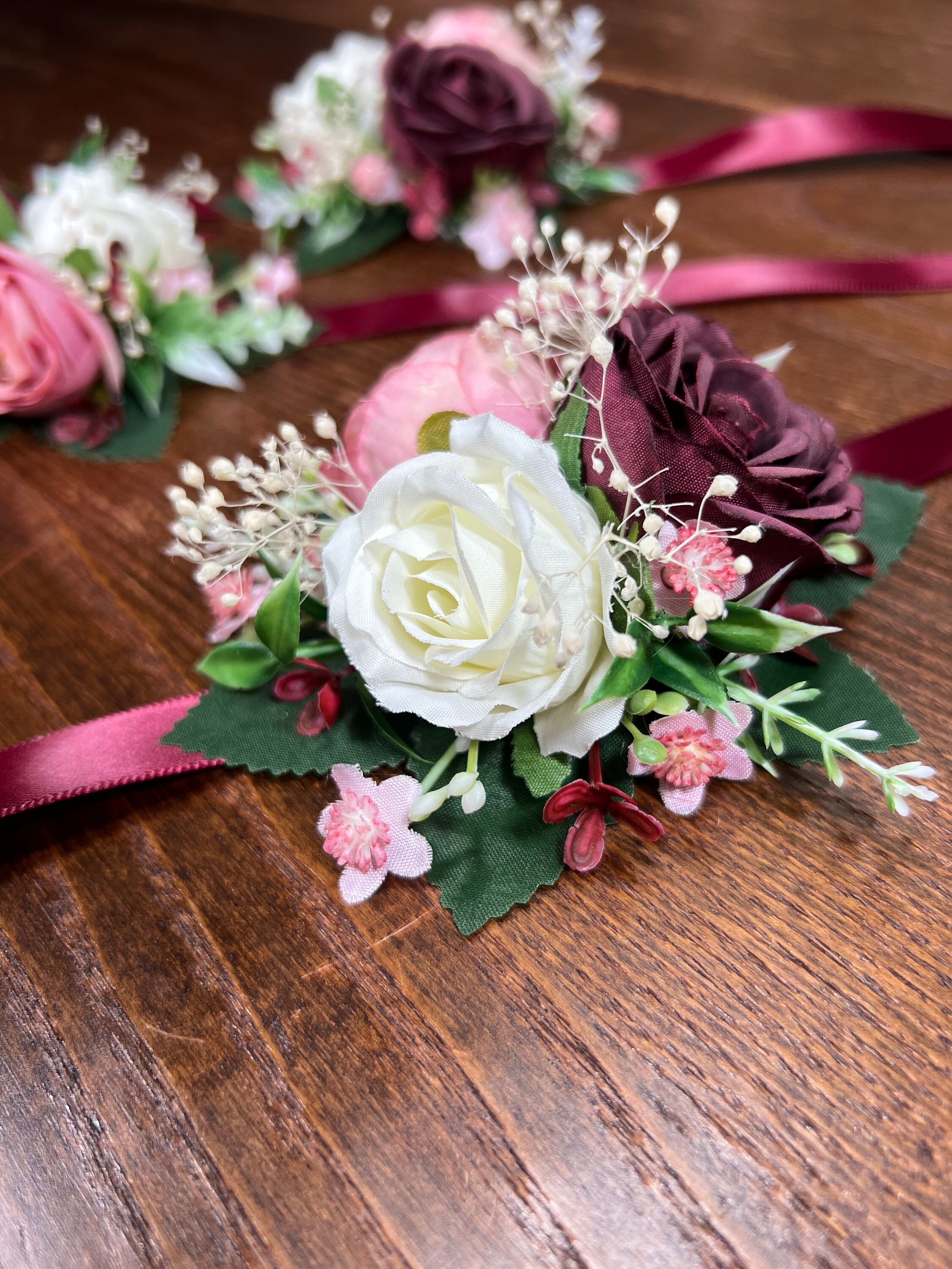 Wedding Corsage Burgundy Dusty Rose Wedding Wrist White Corsage ...