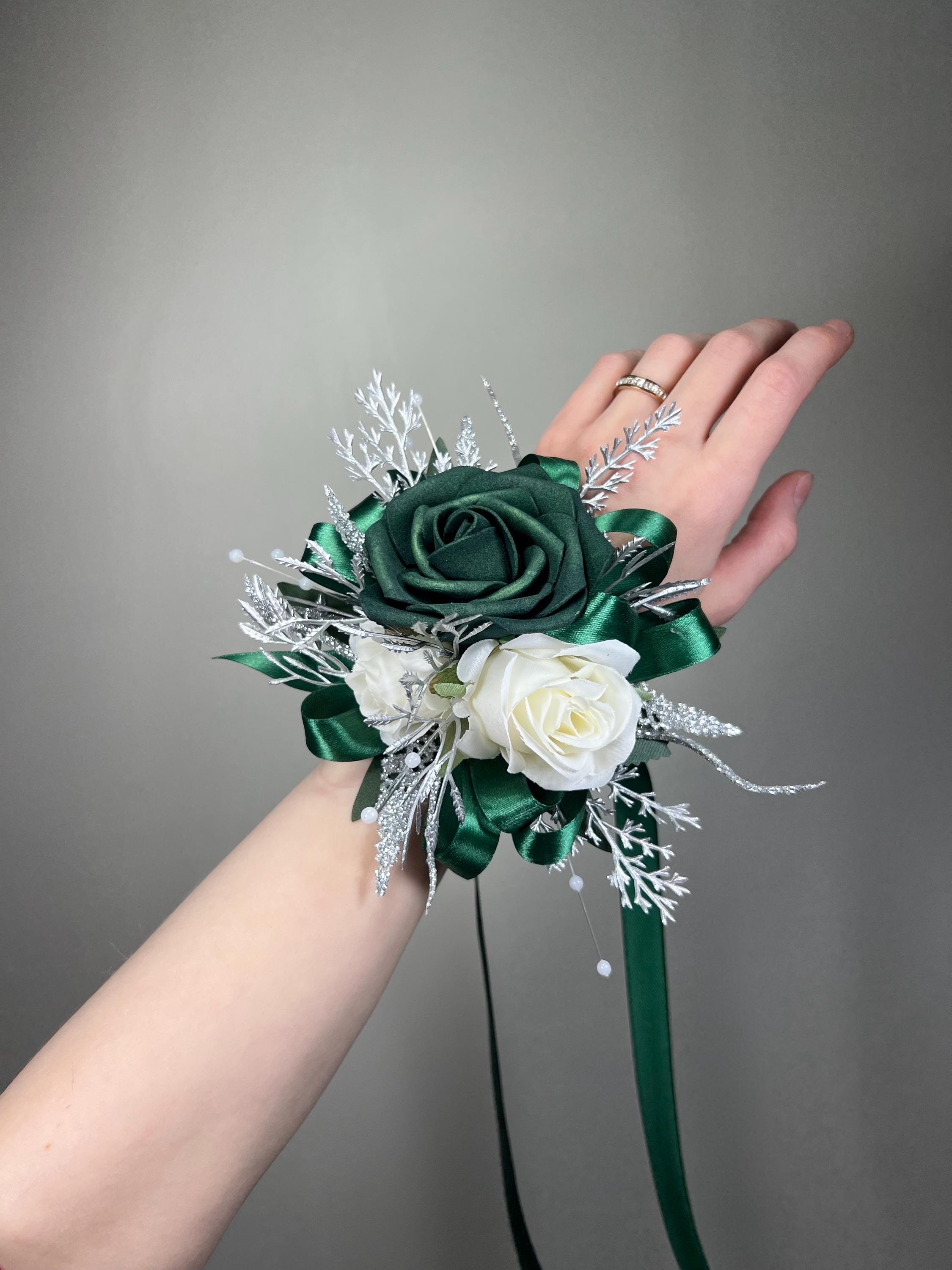 Emerald Green Corsage Wedding White Metallic Silver Hunter Green Dark ...
