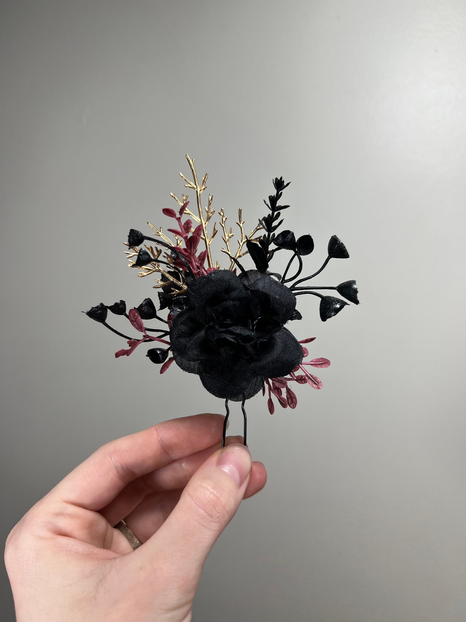 Black Hair Pin Wedding Burgundy Flower Girl Headpiece Gothic Floral ...
