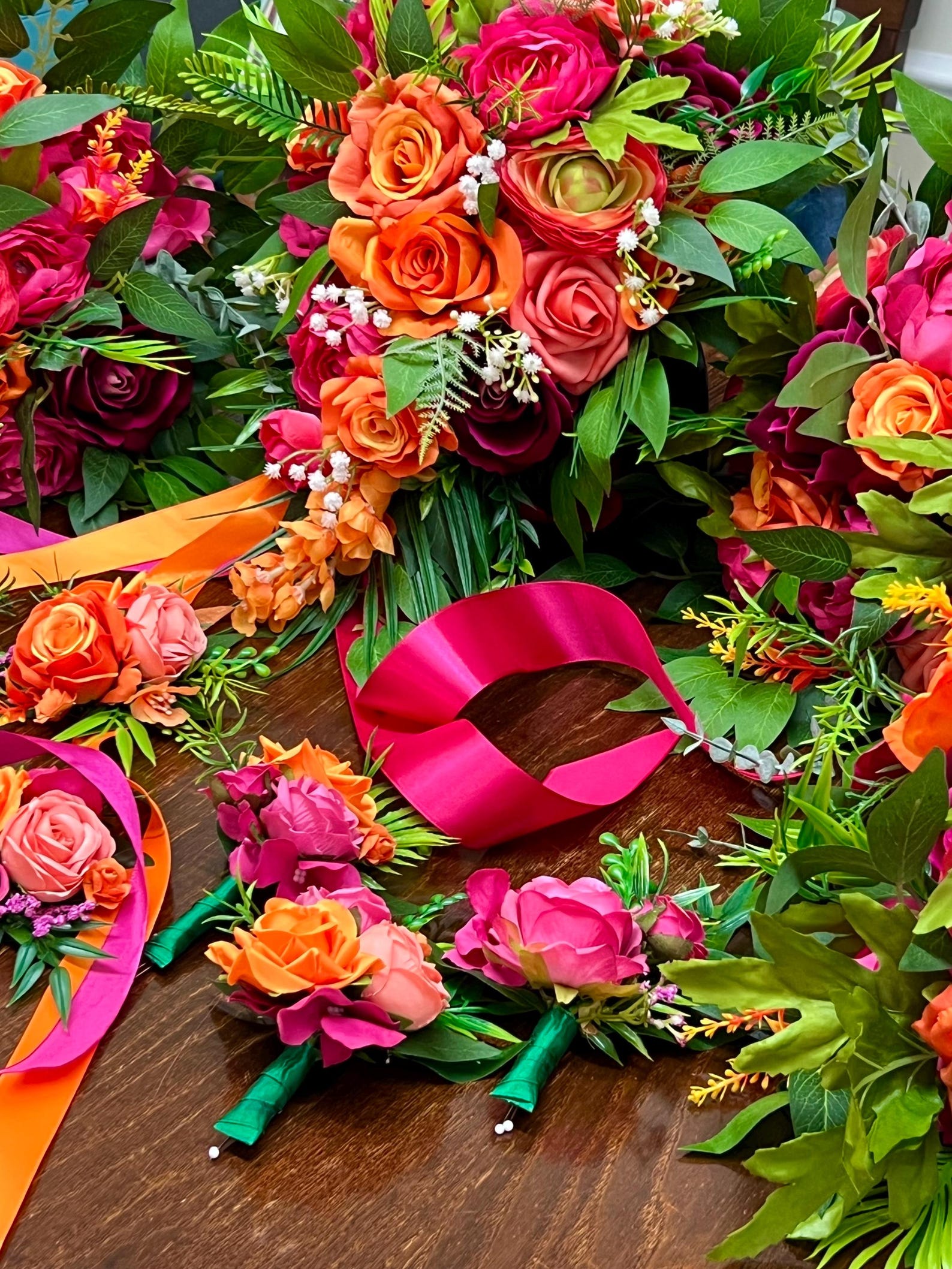 Orange Pink Cascading Bouquet Wedding Bridal Hot Pink Cascade Tropical ...