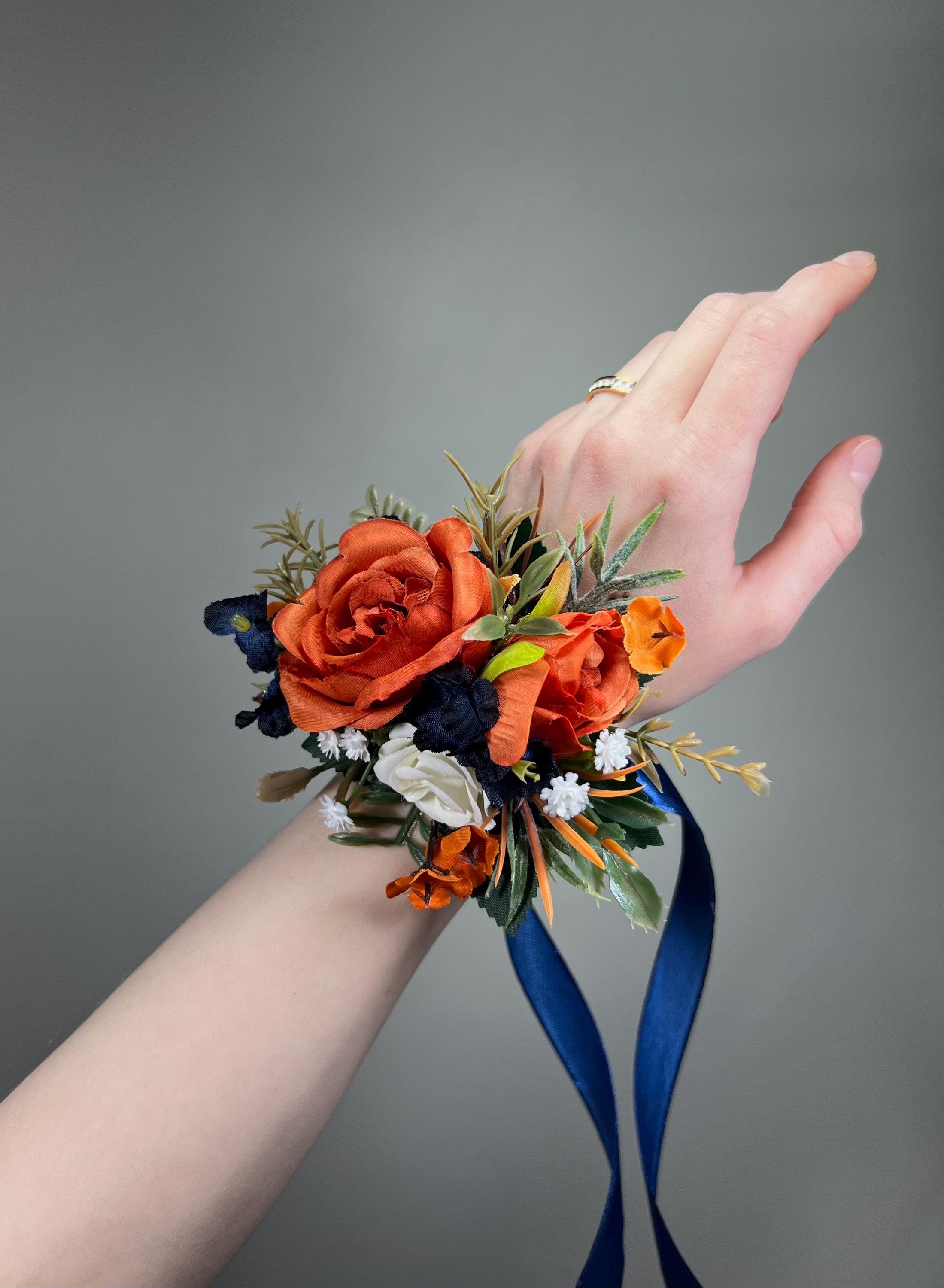 Orange Navy Blue Wrist Corsage, Terracotta Dark Blue Bridesmaid Flower ...